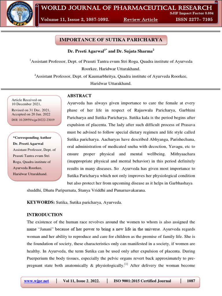 Importance of Sutika Paricharya: Dr. Preeti Agarwal and Dr. Sujata ...