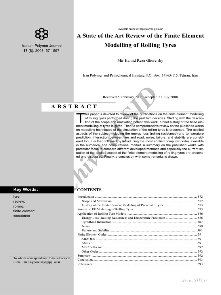 Archive of SID: A State of The Art Review of The Finite Element Modelling of Rolling Tyres | PDF ...