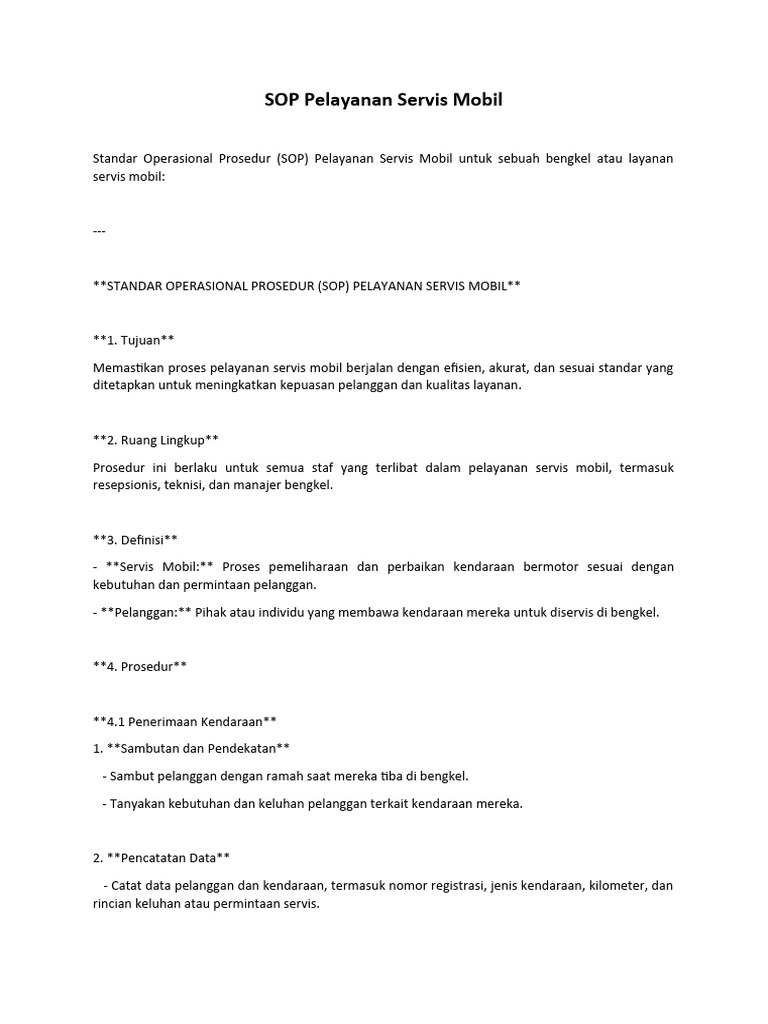 SOP Pelayanan Servis Mobil Efisien | PDF