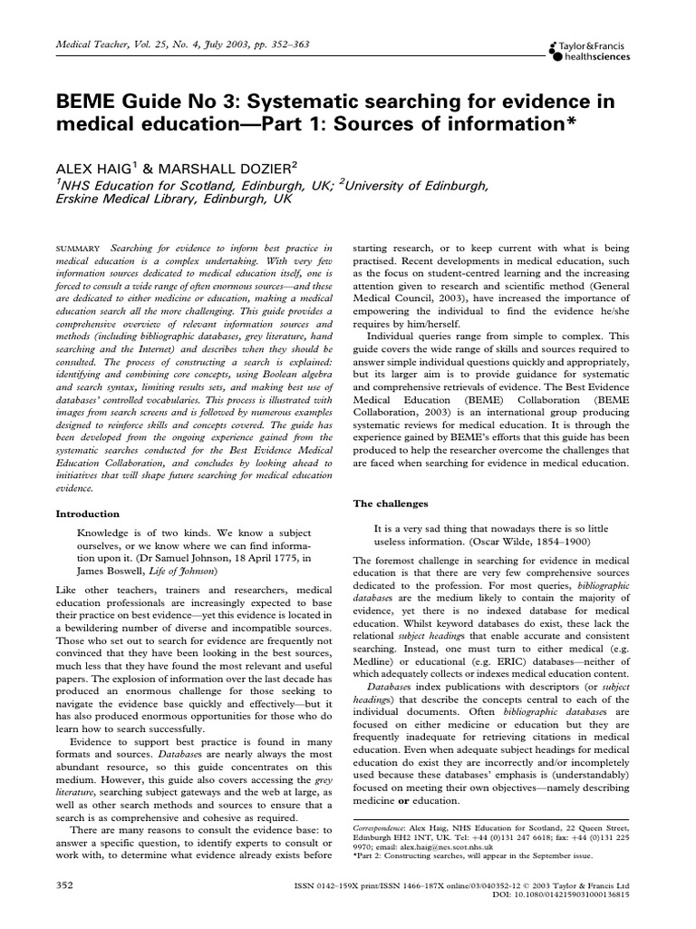BEME Guide No. 3 - Systematic Searching For Evidence in Medical ...
