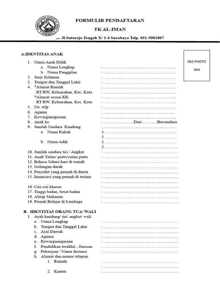 Formulir Pendaftaran TK TH 2021-2022 | PDF