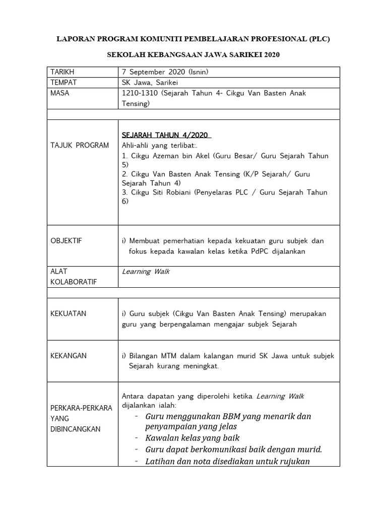 Laporan PLC Sejarah Learning Walk 7sep | PDF
