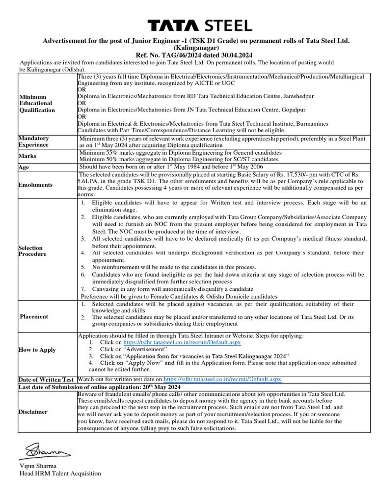 Advertisement For Recruitment at TSK 2024 | PDF