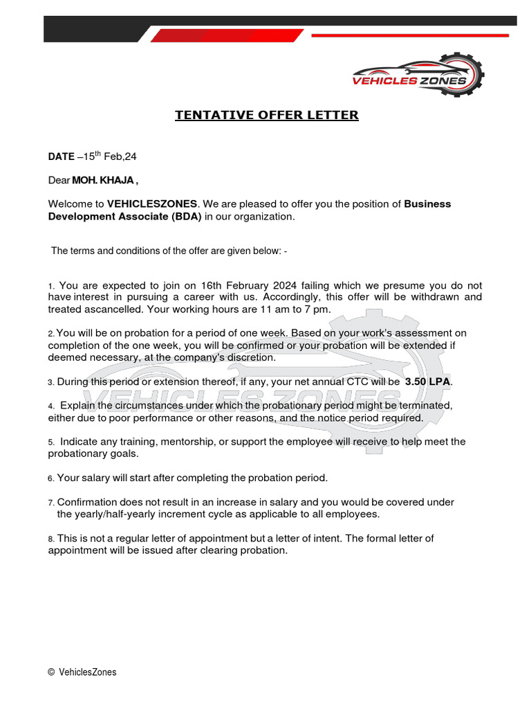 Mohammad Khaja Pasha - OfferLetter | PDF | Finance & Money Management