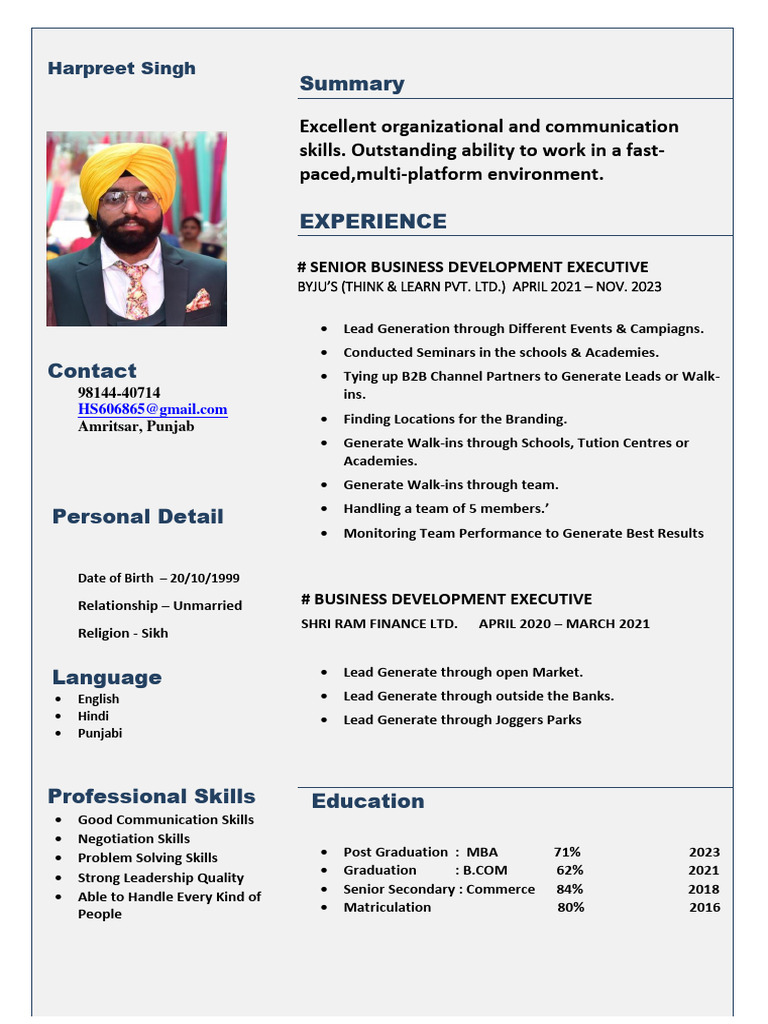 Harpreet Singh CV SJ | PDF