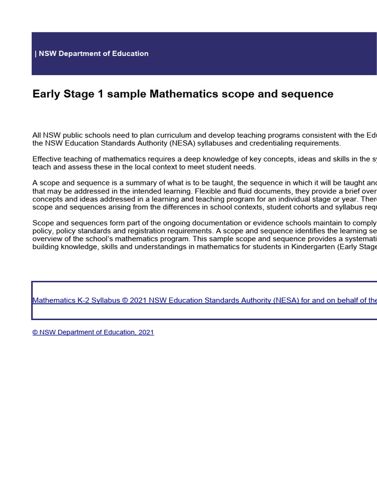 NSW Mathematics-Es1-Scope-And-Sequence | PDF | Dimension | Quantity