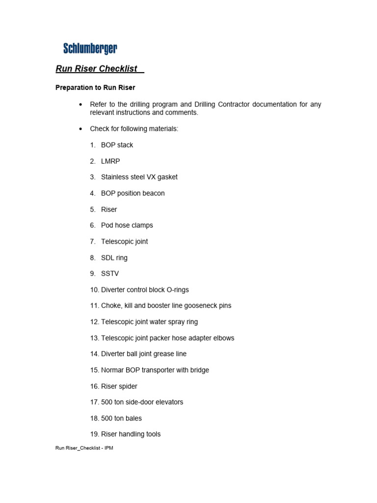 Run Riser - Checklist - IPM2 | PDF | Manufactured Goods