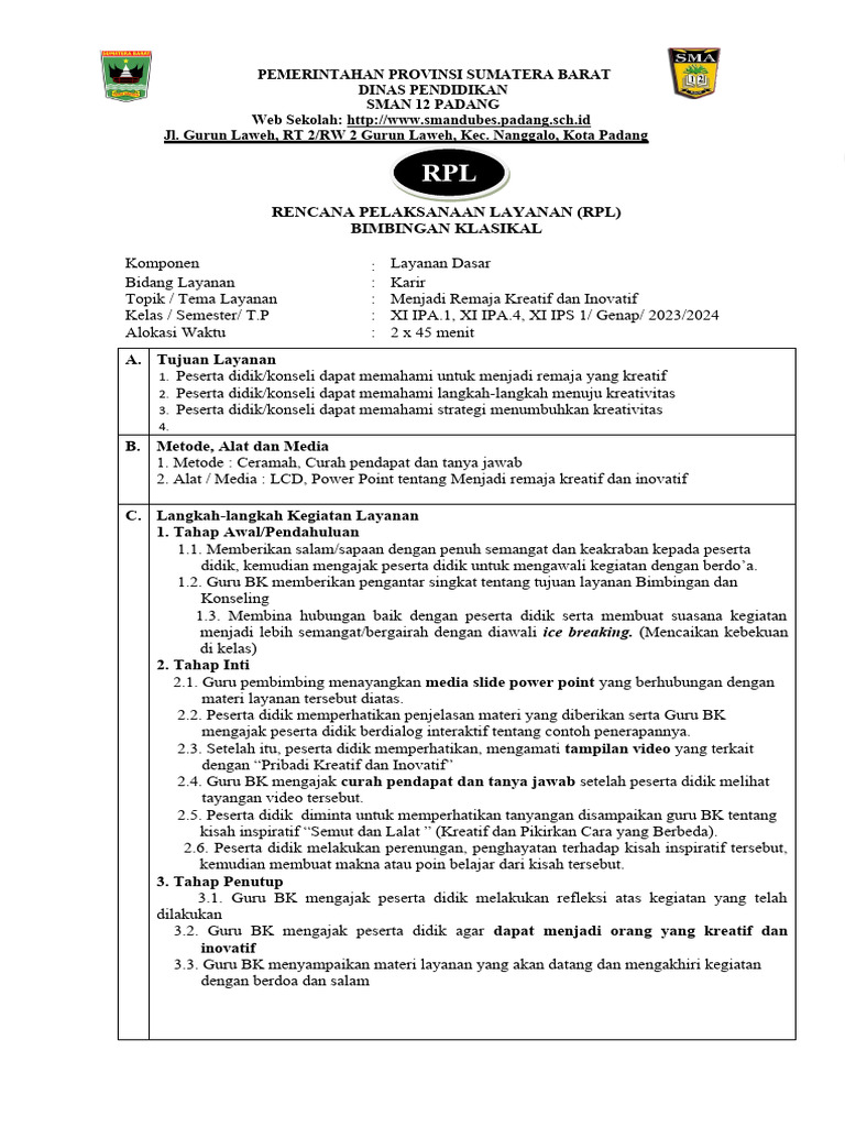 RPL + MATERI + LAMPIRAN Menjadi Remaja Kreatif Dan Inovatif | PDF ...