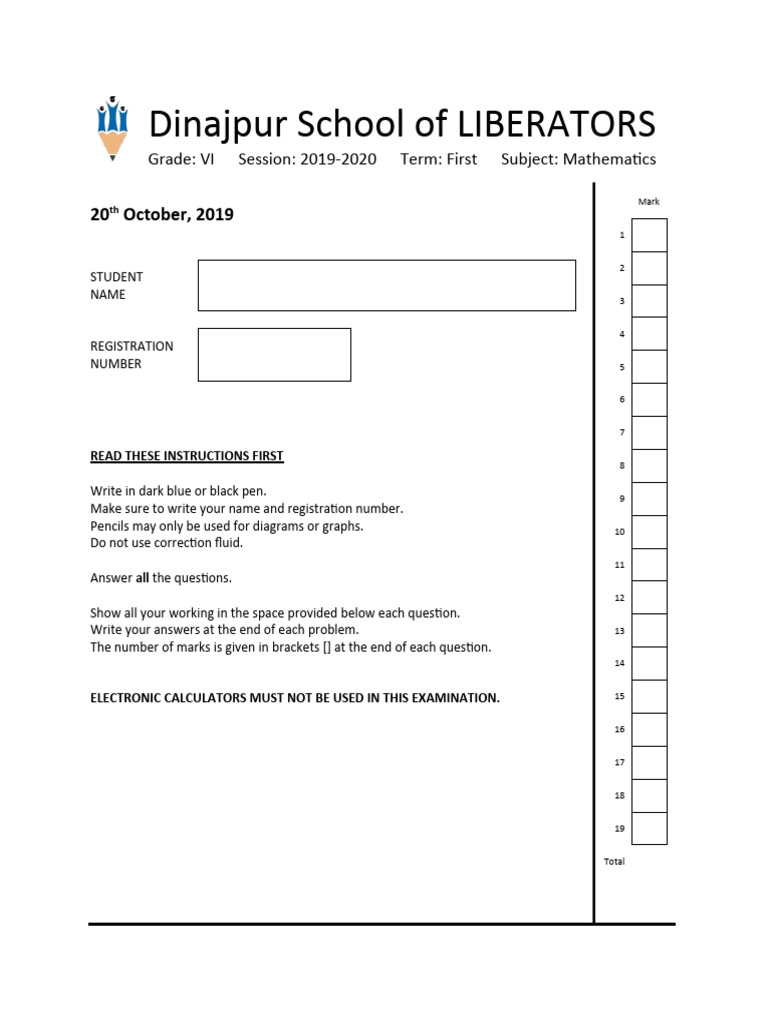 Grade 6 - Term 1 Exam Paper | PDF | Pi | Circle
