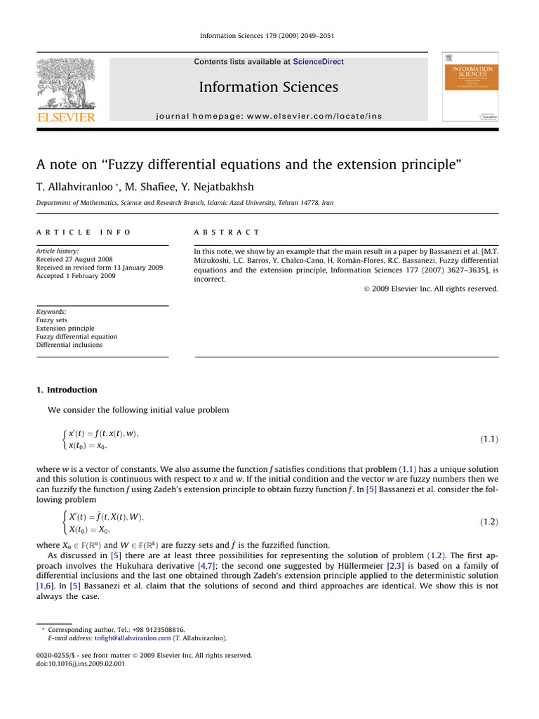 A Note On Fuzzy Differential Equations And The Extension Principle Pdf Fuzzy Logic Equations
