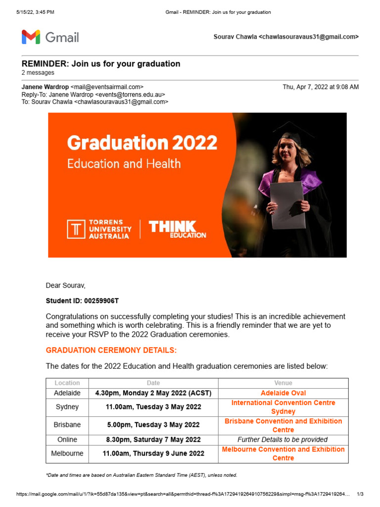 Graduation Ceremony Invitation Email | PDF