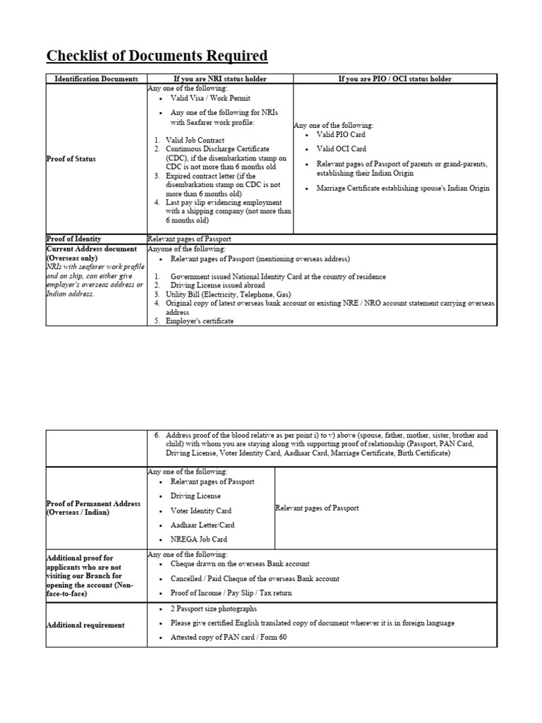Nri Account Opening Checklist | PDF | Identity Document | Government ...