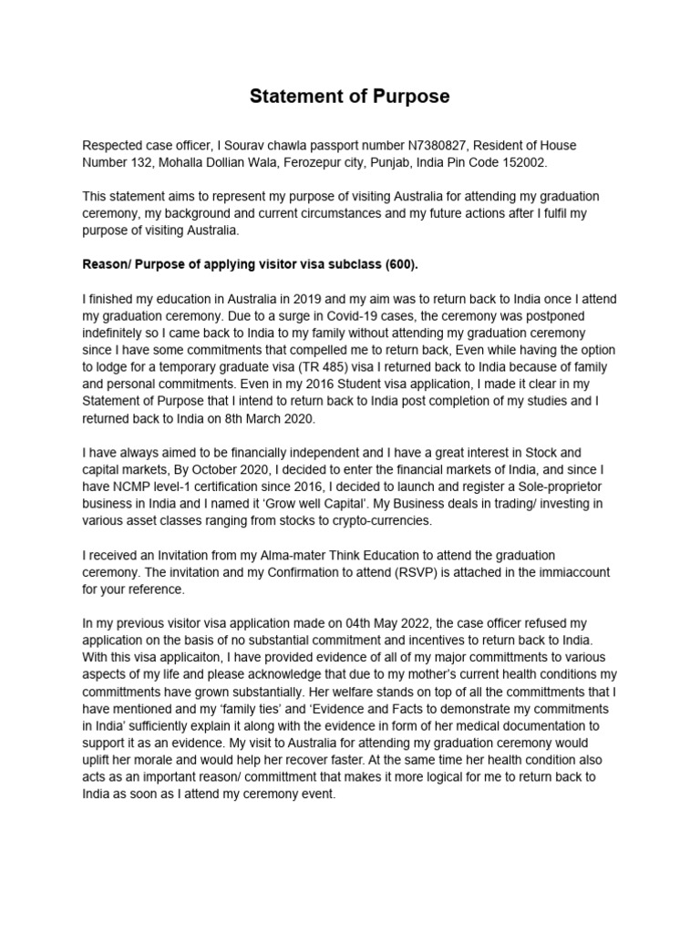 Applicant's Statement of Purpose | PDF | Travel Visa