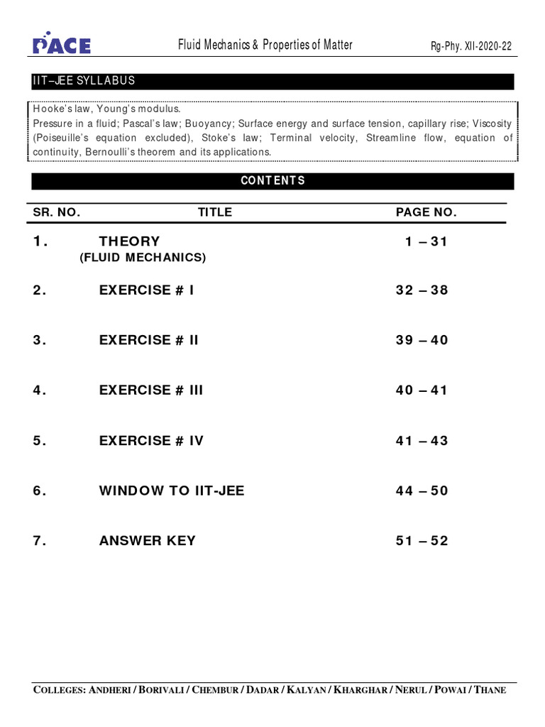 Pace Booklet - Fluid Mechanics (ADV) | PDF | Pressure | Buoyancy