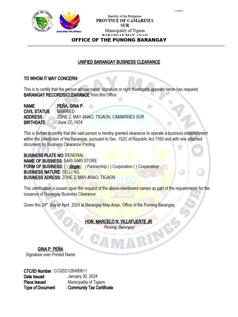 Barangay Business Clearance Certificates | PDF | Government