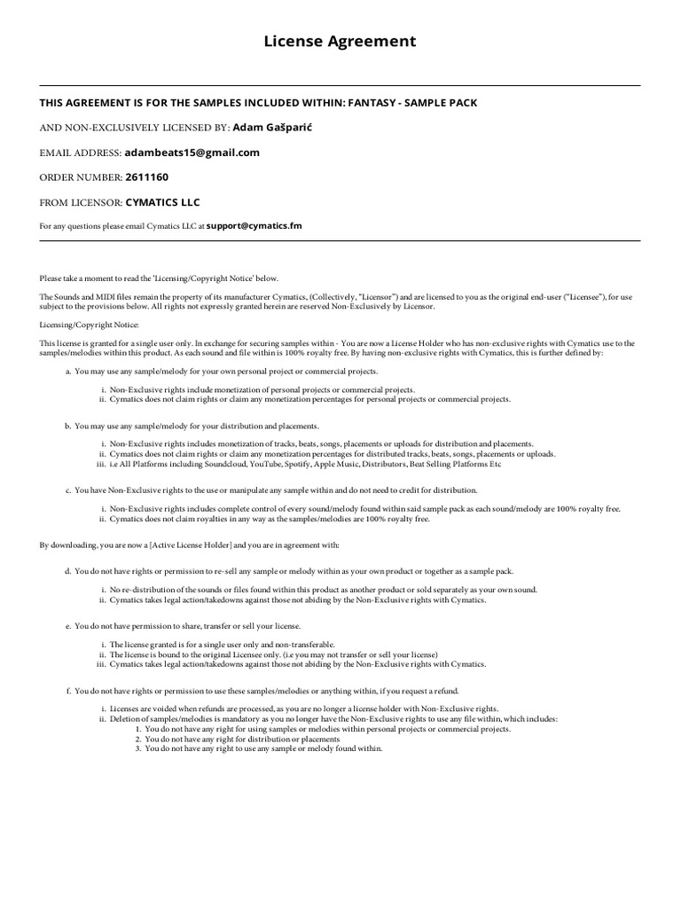 License_Agreement_1675595226411(Fantasy - Sample Pack) | PDF | License ...
