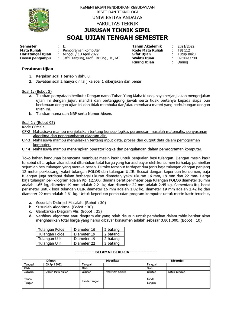 SMT 2 Uts Pemrograman Komputer 21-22 | PDF