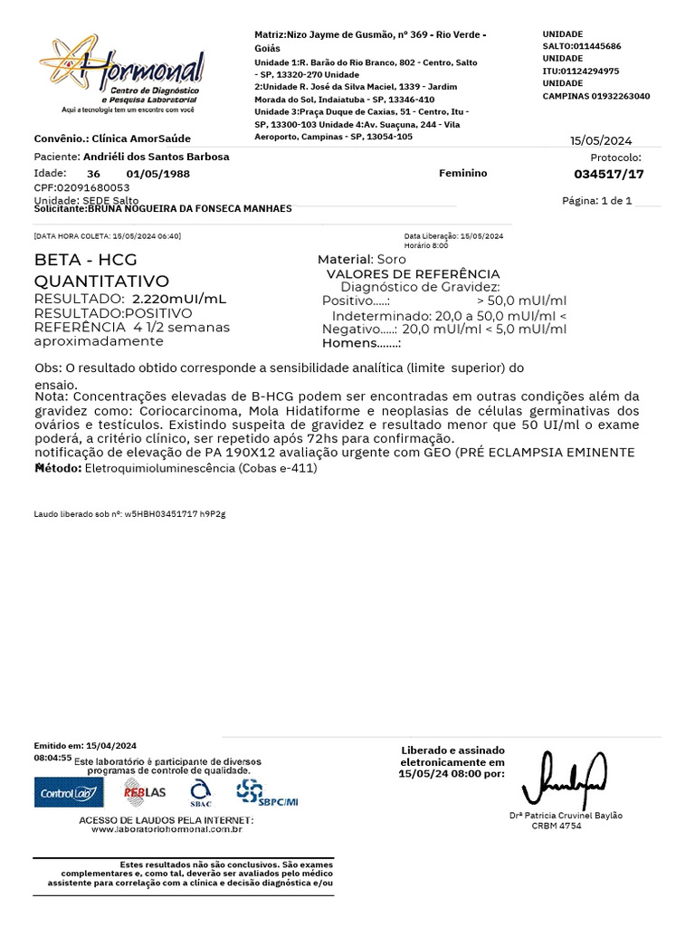 Exame Beta-HCG Positivo: Gravidez Confirmada | PDF | Gestação ...