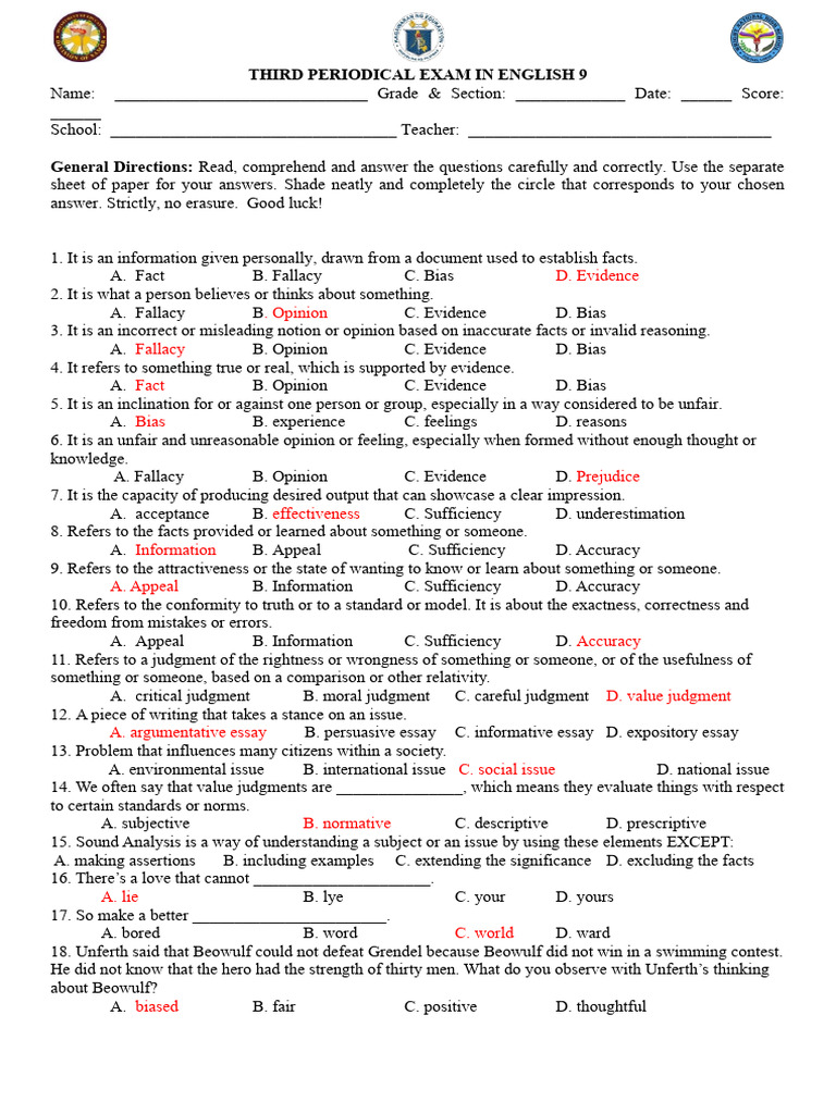 Third Periodical Exam in English 9 With Answers Key | PDF | Bias | Essays