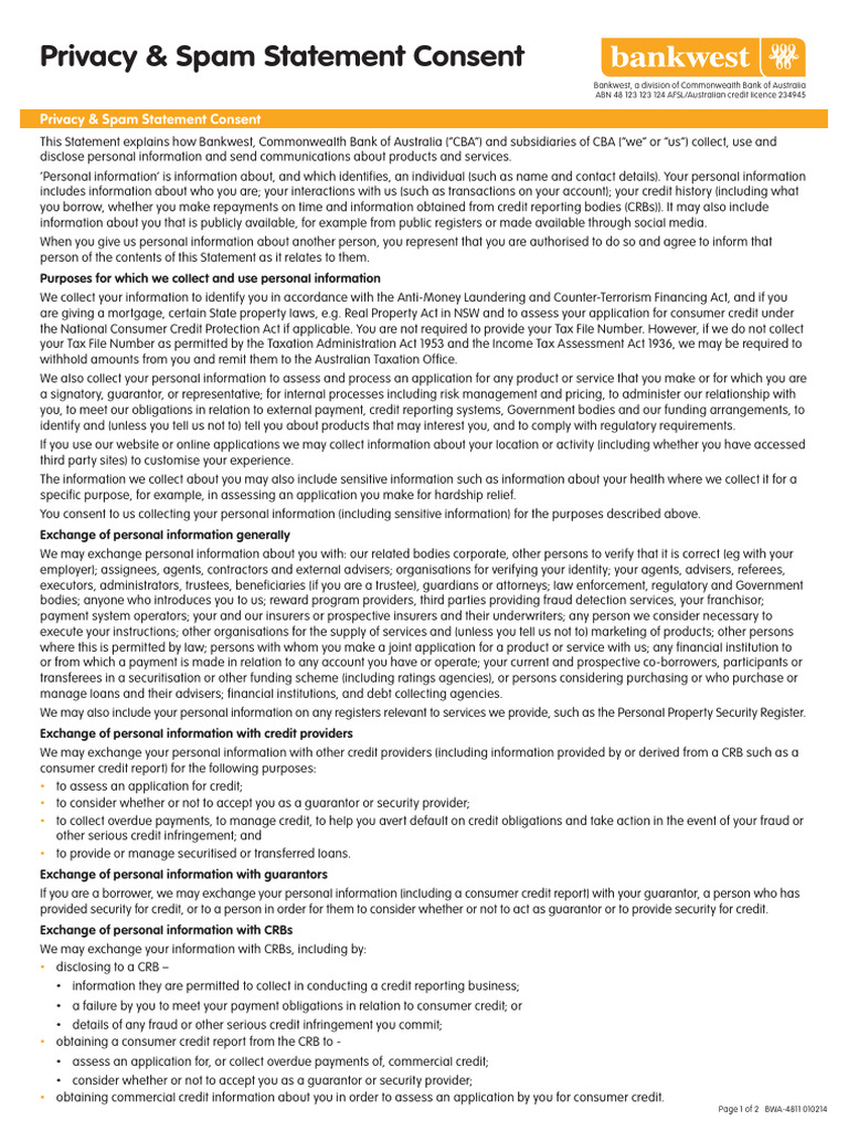 Privacy Statement and Consent | PDF | Credit | Finance & Money Management