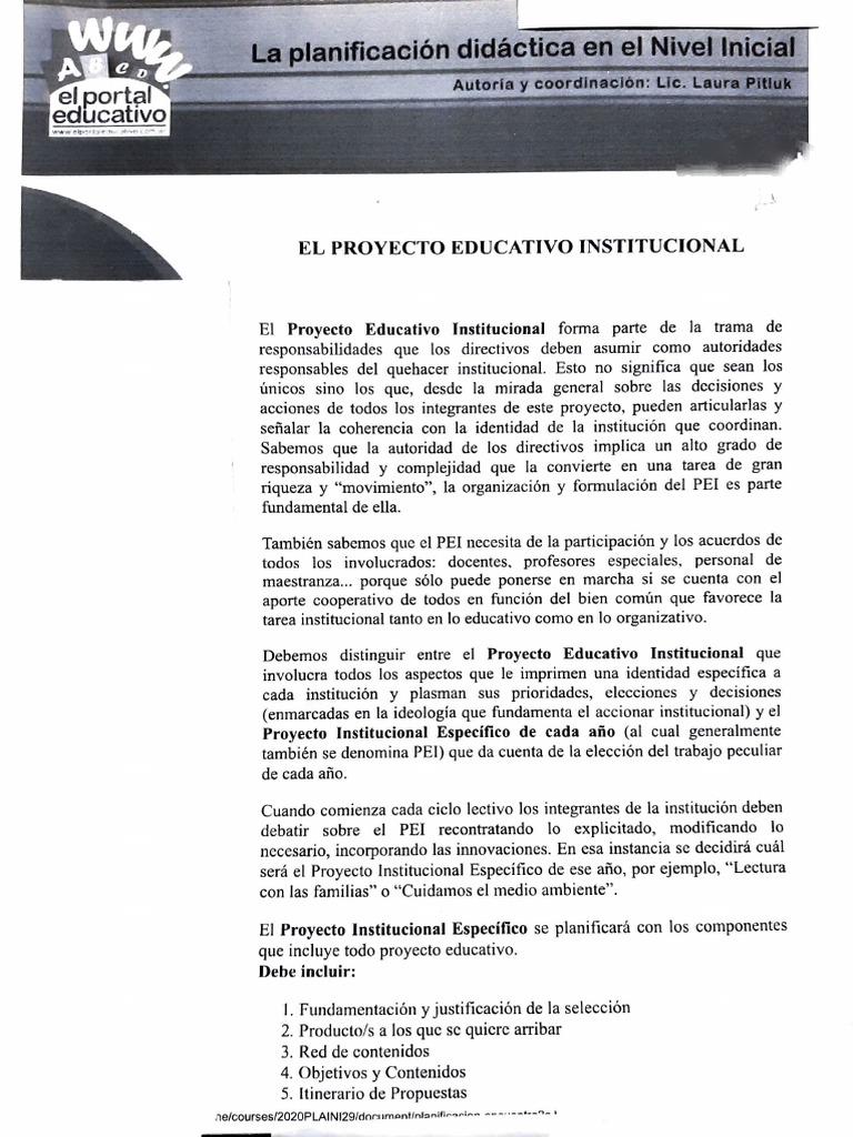 El Proyecto Educativo Institucional | PDF | Enseñando | Planificación