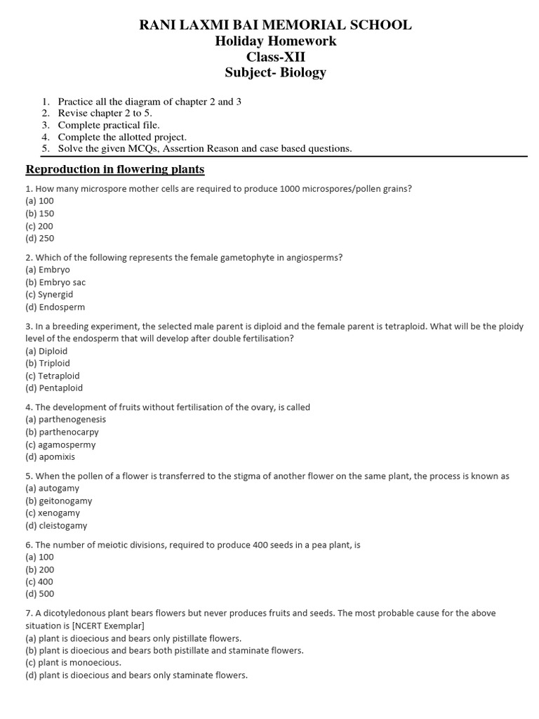 Class Xii Bio Holiday Homework 2024-25 | PDF | Flowers | Pollination