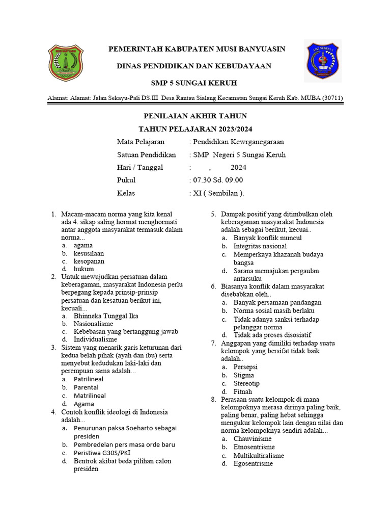 SOAL PAS Kls 9 PKN 2024 | PDF | Ilmu Sosial | Sejarah
