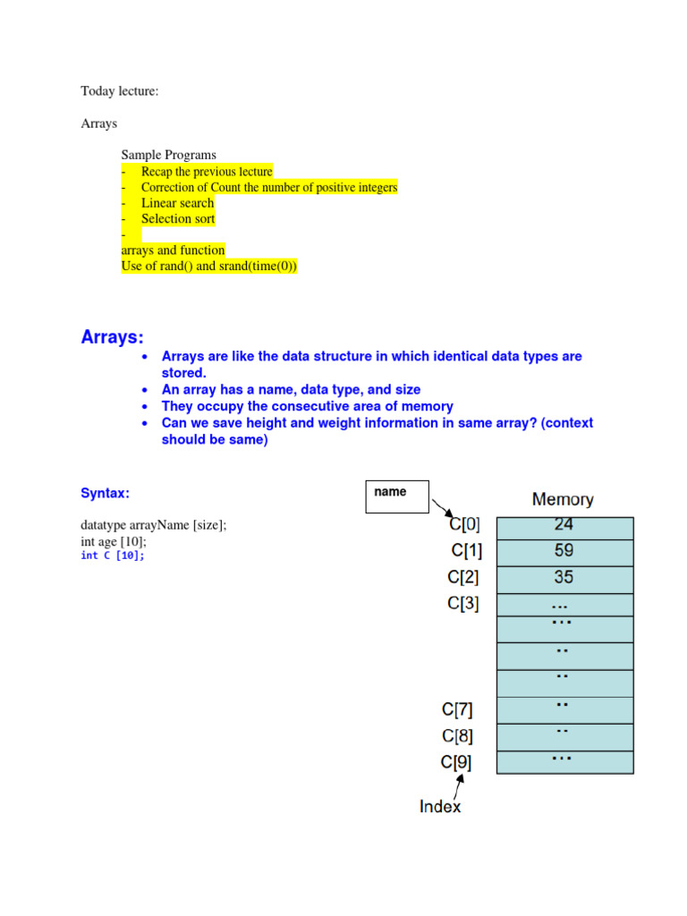 Lecture 18 Arrays 2 | PDF | Integer (Computer Science) | Computer Program