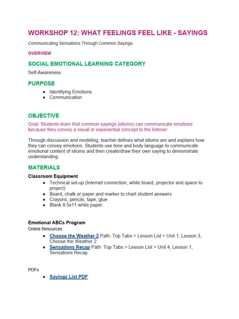 Workshop 12 - What Feelings Feel Like - Sayings | PDF | Emotions | Body ...