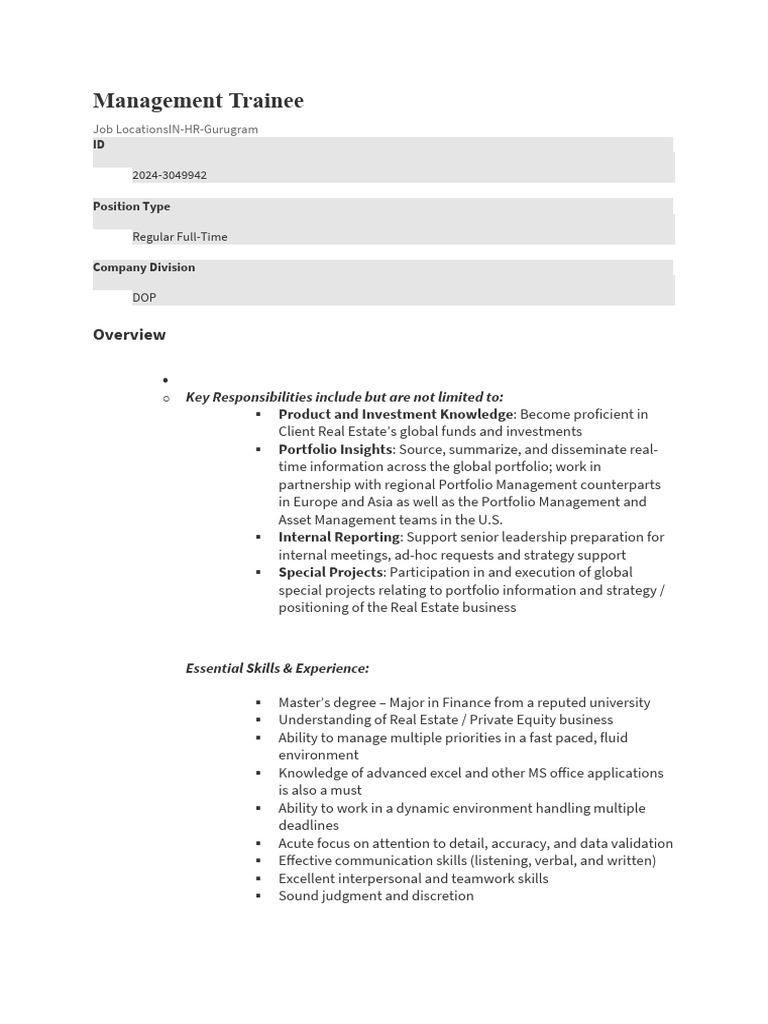 Management Trainee in Real Estate Finance | PDF | Investment Management ...