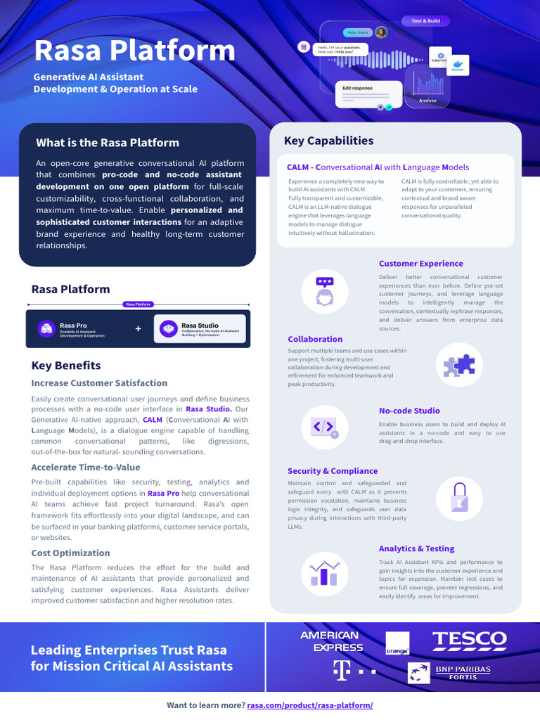 One Pager - Rasa Platform - 20231011 | PDF | Artificial Intelligence | Intelligence (AI) & Semantics