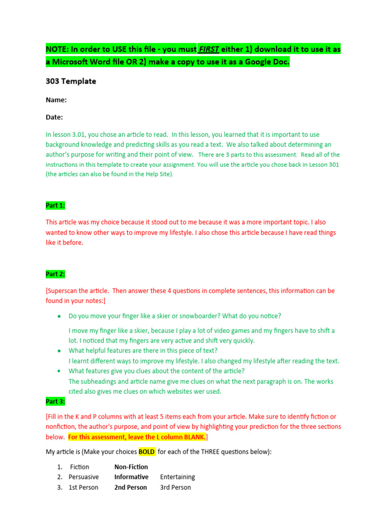 303 Template | PDF | Rubric (Academic) | Non Fiction