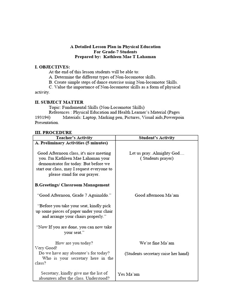 Non-Locomotor Skills Lesson Plan for Grade 7 | PDF | Anatomical Terms ...