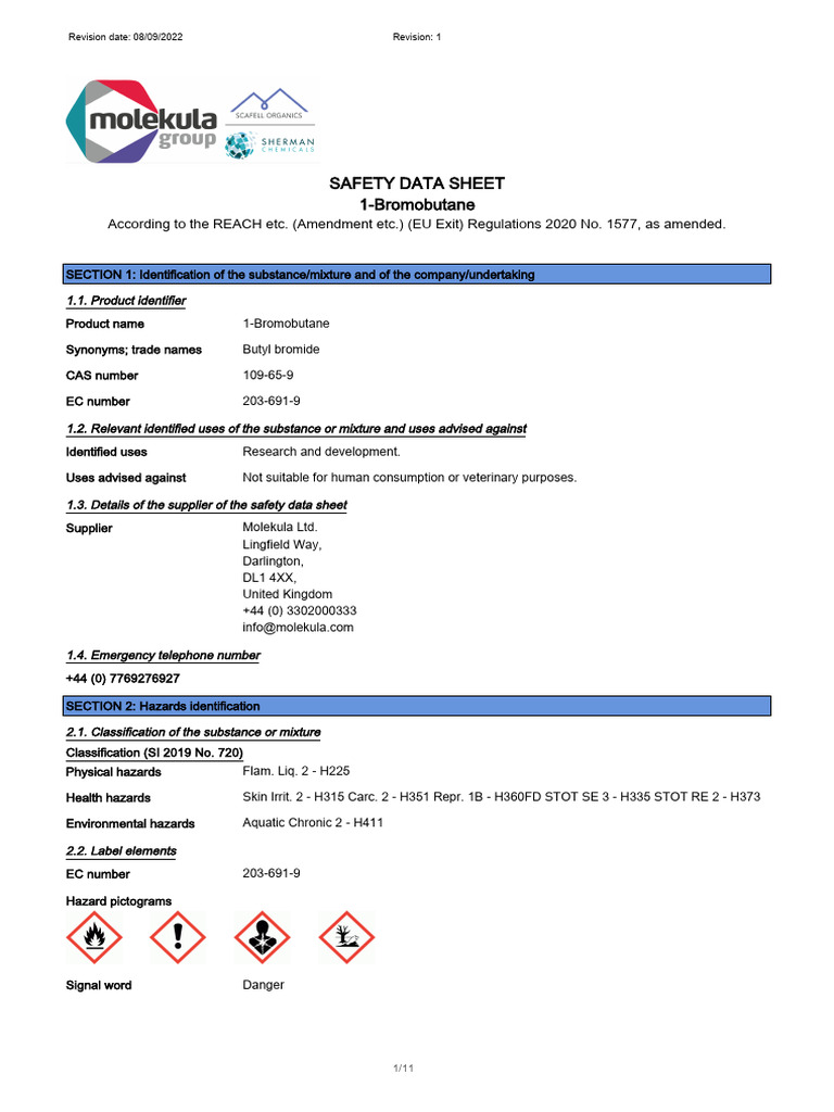 Safety Data Sheet - EN - (90026743) 1-BROMOBUTANE (109-65-9) | Download Free PDF | Dangerous ...