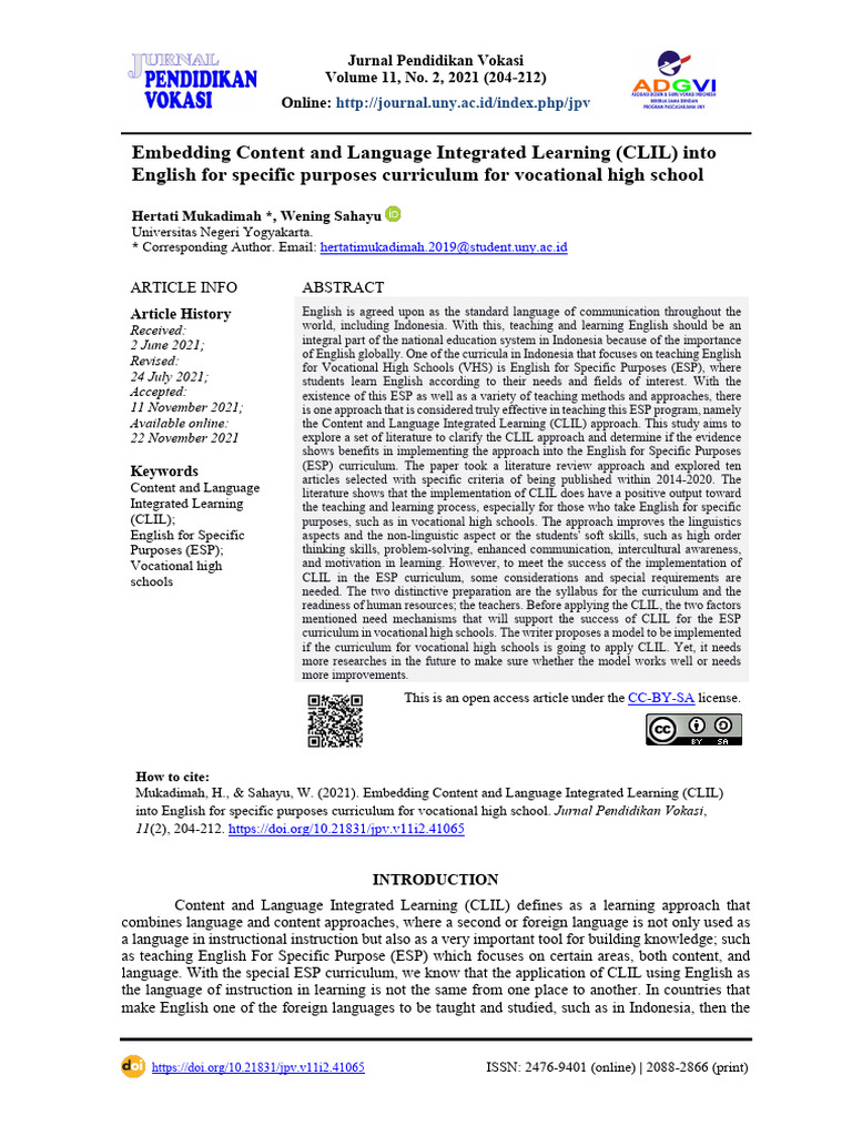 Mukadimah & Sahayu (2021) - Indonesia - Embedding CLIL Into English For Specific Purposes ...