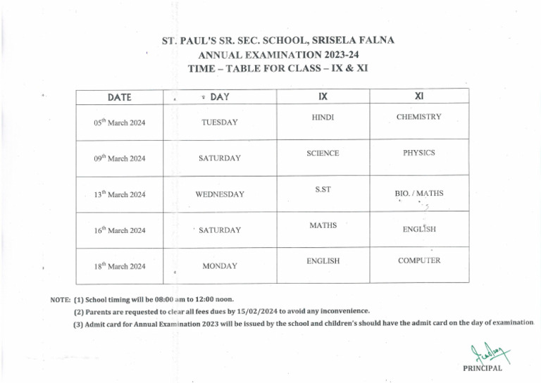 Ix & Xi Annual Examination Time Table | PDF