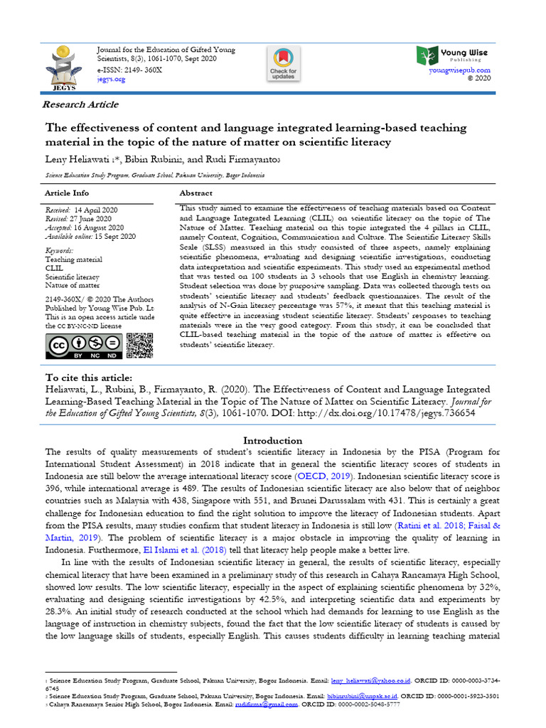 The Effectiveness of Content and Language Integrated Learning-Based Teaching Material in The ...