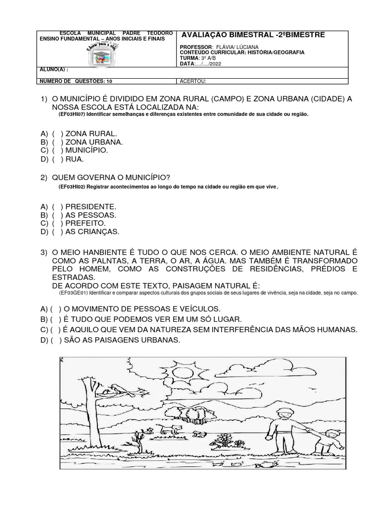 Avaliação de História e Geografia 3º Ano | PDF | Estudos de Línguas ...