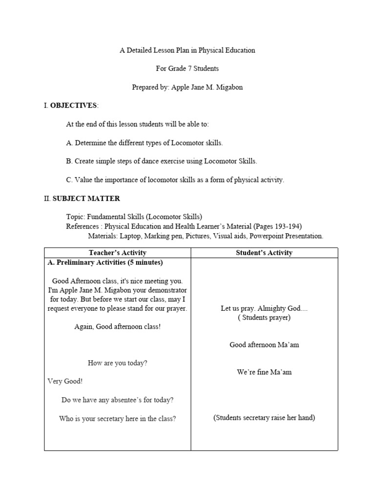A Detailed Lesson Plan in Physical Education For Final Demo. | Download Free PDF | Lesson Plan ...