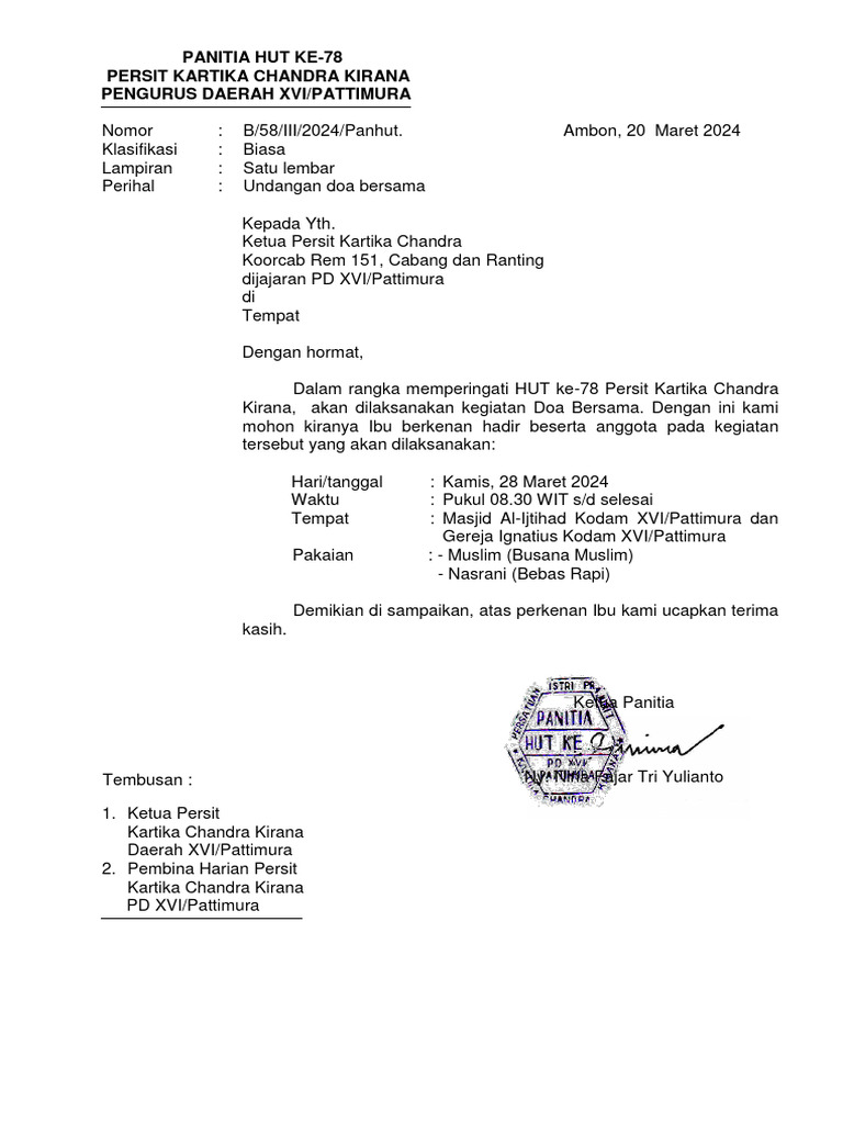 SURAT B (58) Permohonan Doa Bersama HUT Persit (Keb) | PDF