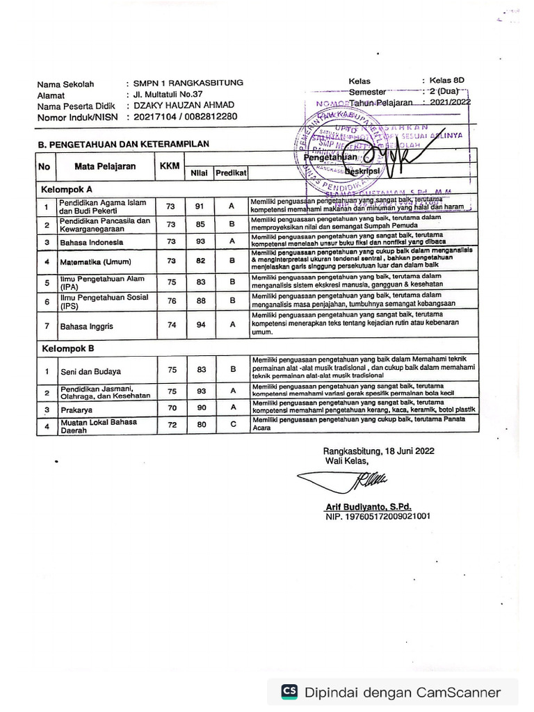 PDF Nilai Pengetahuan & Keterampilan Kelas 8 Semester 2 | PDF