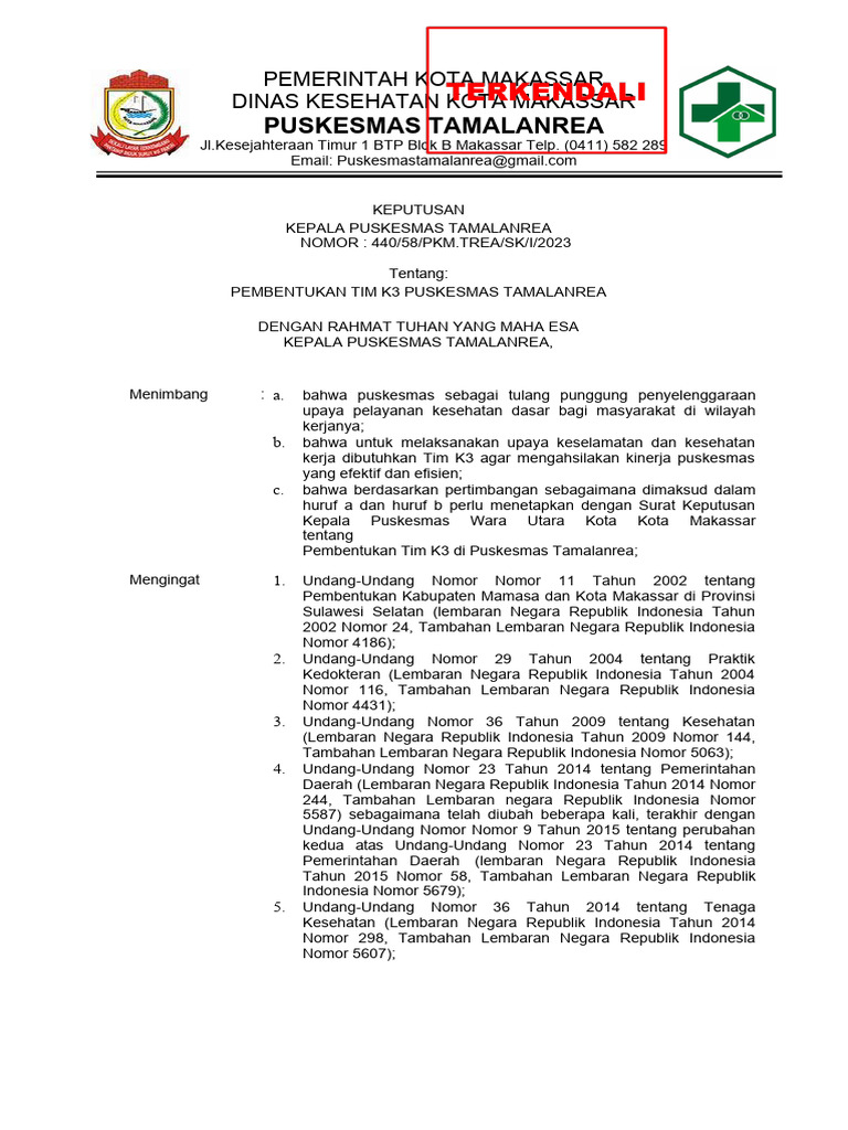 Pembentukan Tim K3 Puskesmas Tamalanrea | PDF