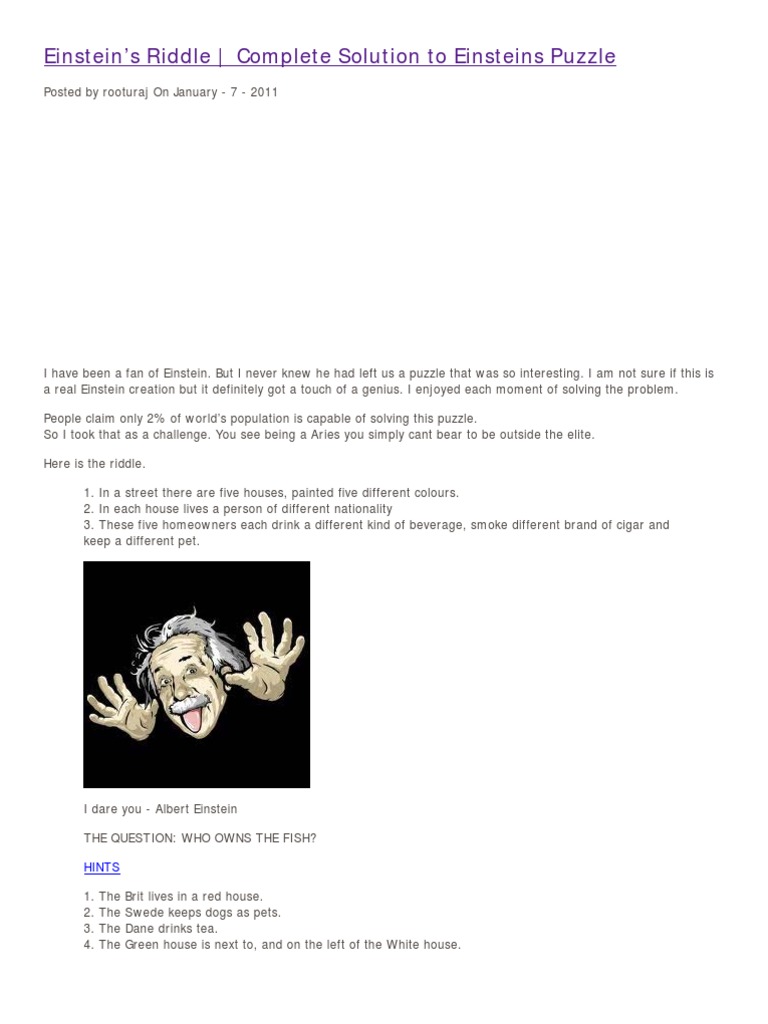 Einstein's Riddle - Complete Solution To Einsteins Puzzle | PDF | Drink ...
