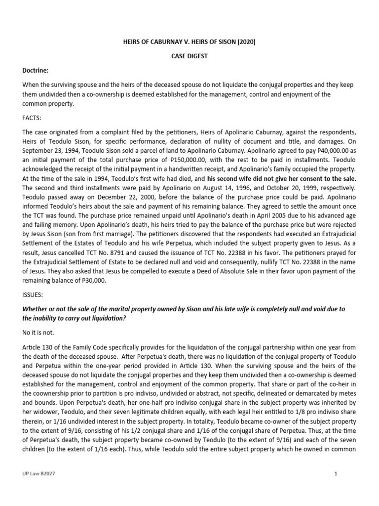 Caburnay vs Sison: Co-Ownership Ruling | PDF | Concurrent Estate | Justice