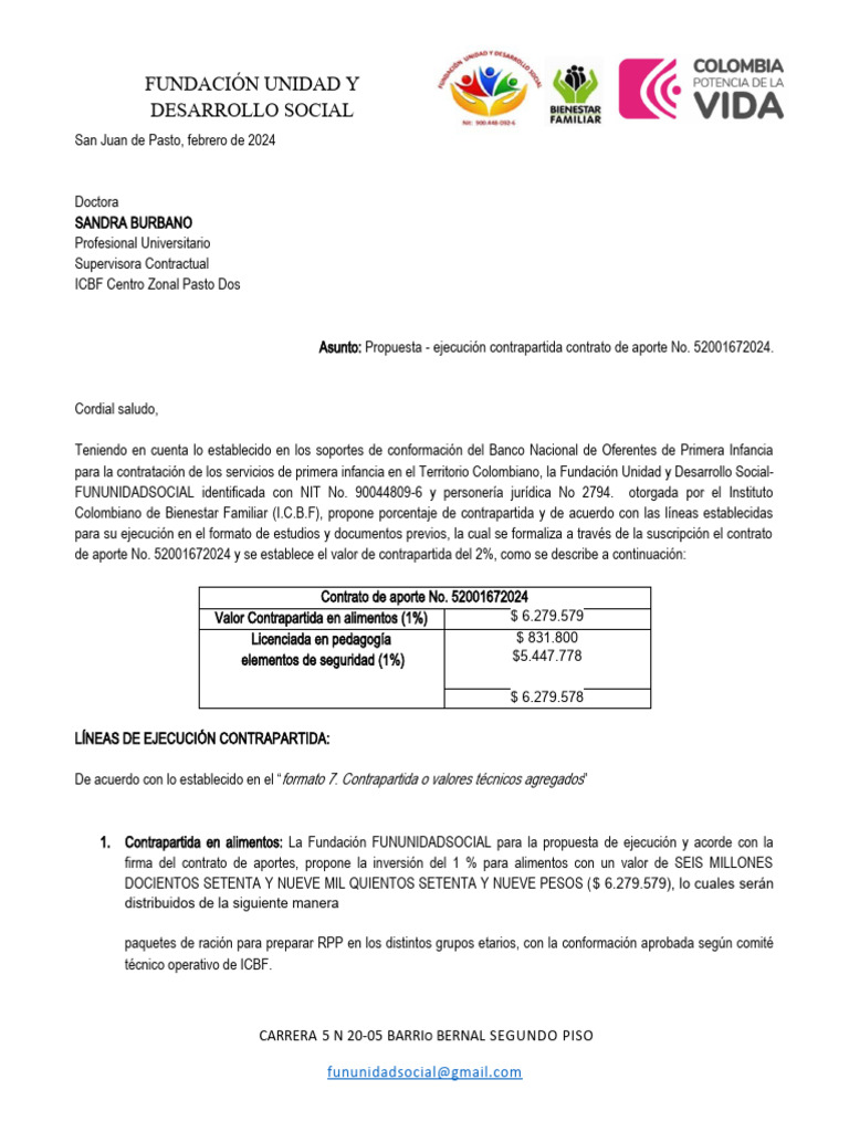 Propuesta de Contrapartida ICBF 2024 | PDF