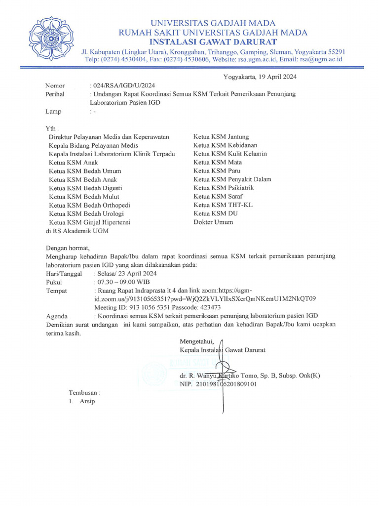 Surat Keluar No 024 Undangan Rapat Koordinasi Igd Dengan Semua Ksm