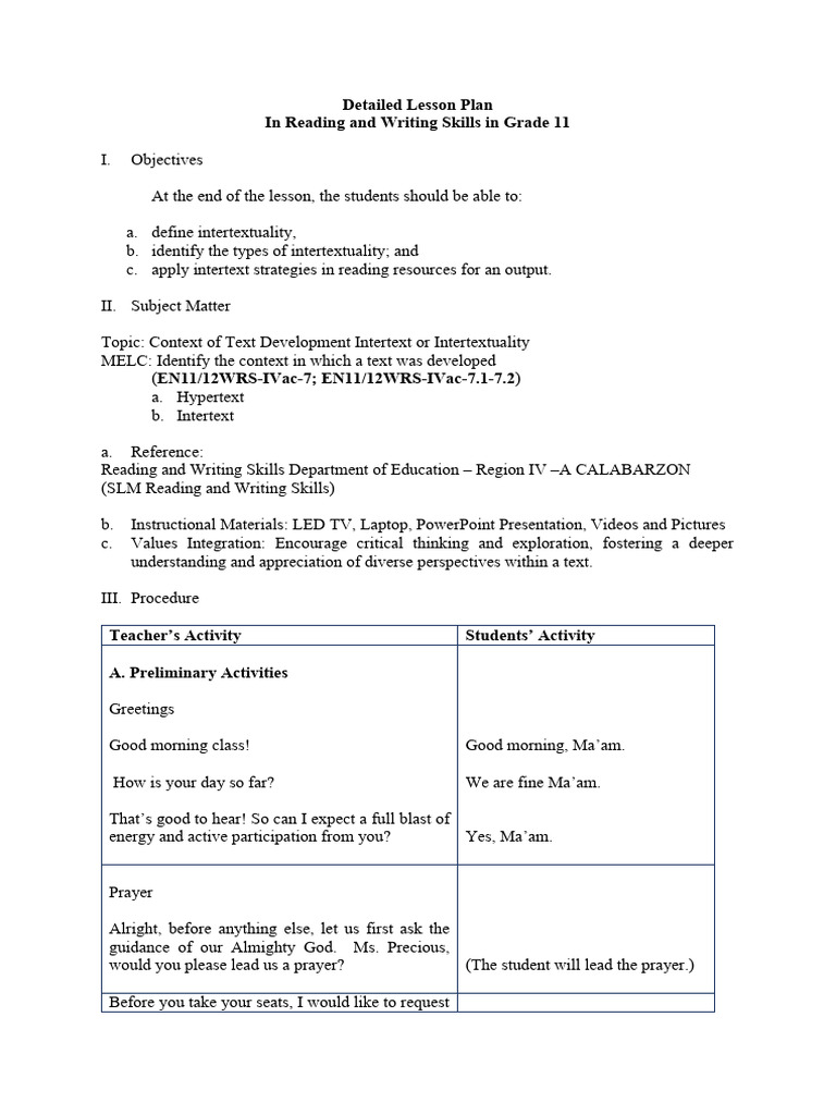 Detailed Lesson Plan Intertext | PDF | Intertextuality | Parody