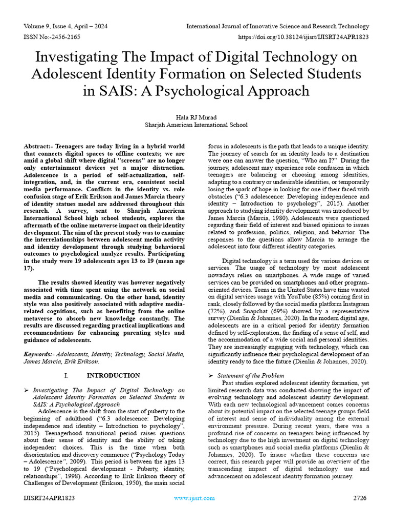 Investigating The Impact of Digital Technology On Adolescent Identity ...