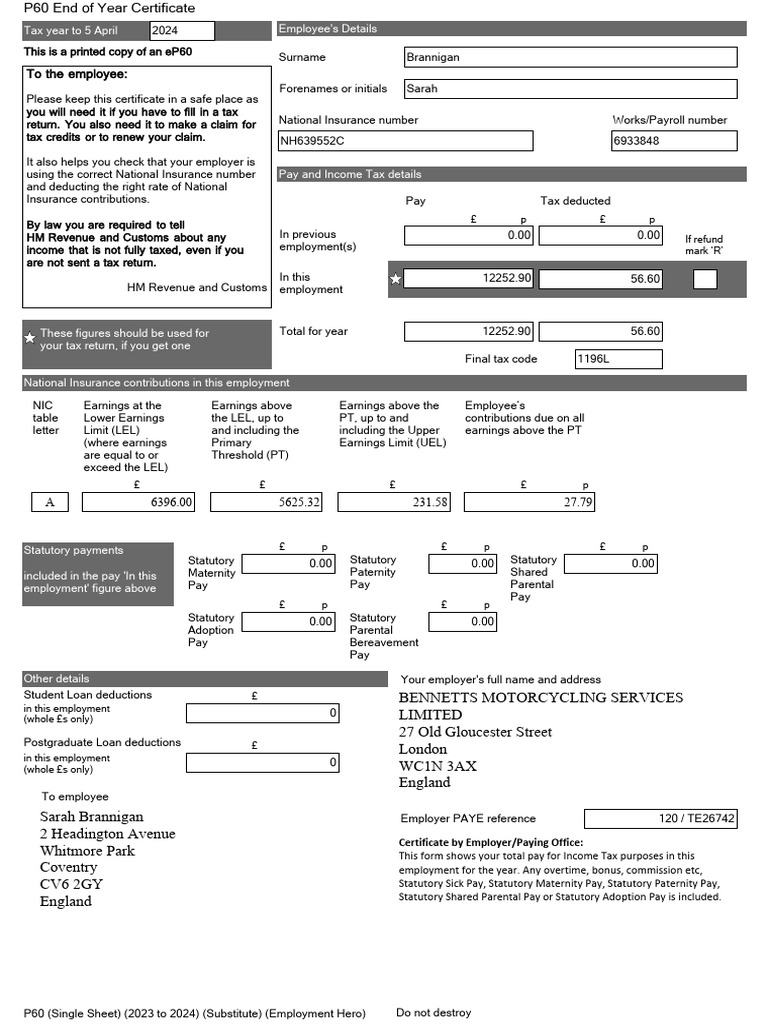 SarahBrannigan P60 2024 | PDF | Taxes | Government Finances