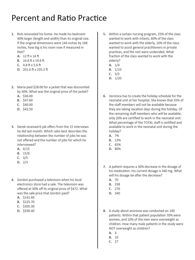Percent and Ratio Practice | PDF | Percentage | Neonatal Intensive Care ...